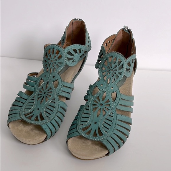Earthies | Shoes | Earthies Blue Sandals With Lasercut Design Wedge ...